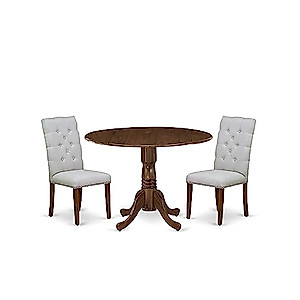 East West Furniture DLEL3-AWA-05 3 Piece Kitchen Table & Chairs Set Consist of a Round Dining Table with Dropleaf and 2 Upholstered Parson Chairs, 42x42 Inch, Antique Walnut