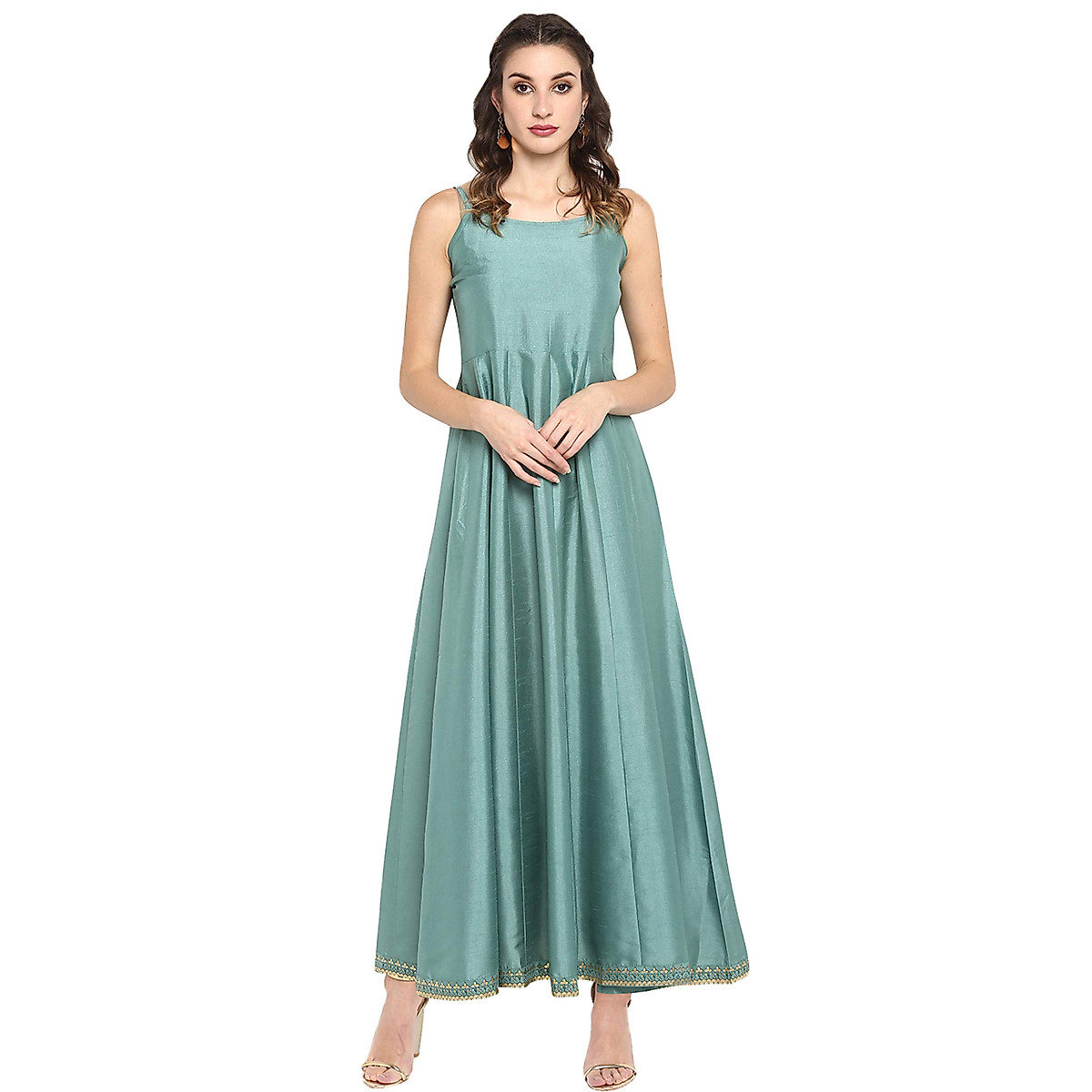 Janasya Indian Women's Mustard Foil Printed Poly Silk Ethnic Dress