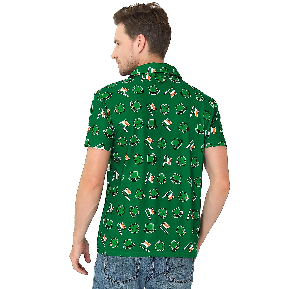 Men's Saint Patricks Day Polo Shirt Irish Shamrock Four Leaf Lucky Clover Short Sleeve Golf Top, Dark Green, Medium