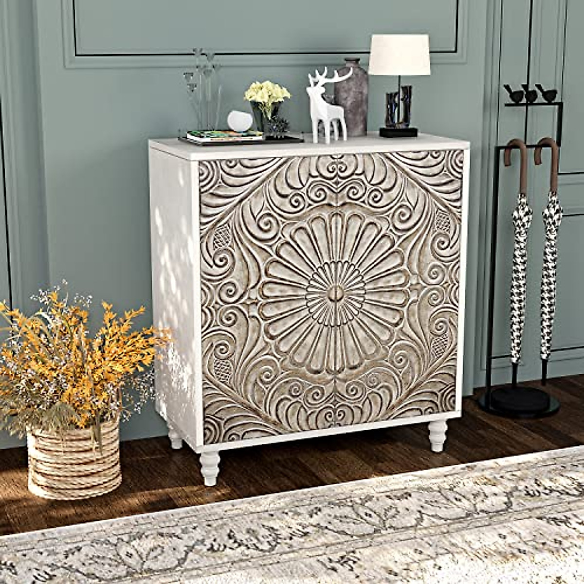 HOMPUS Accent Cabinet with Pattern Doors and Shelf, Wood Grain Rustic Buffet Sideboard, Coffee Bar Storage Cabinet for Living Room, Kitchen, Bedroom, Light Grew