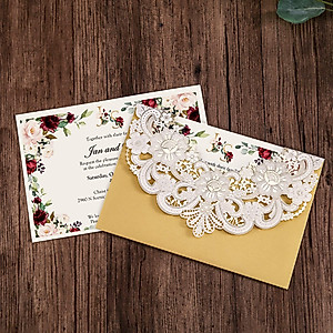DORIS HOME 50pcs Gold BLANK Laser Cut Flora Lace invitation Cards with Envelopes for Wedding Invitations, Bridal Shower, Engagement, Birthday, Bachelorette Party, Baby Shower