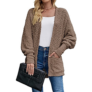 MEROKEETY Women's 2025 Winter Fuzzy Popcorn Batwing Sleeve Cardigan Knit Oversized Sherpa Sweater Coat, Mocha, Small