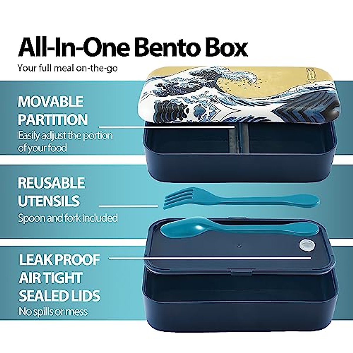 Hagary Wave Bento Box 2 Tier Japanese Lunch Box with Spoon and Fork Stackable Leak-Proof with Movable Partition Lunch Containers Scratch Proof 800ml