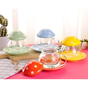 WHJY Mushroom Tea Cup with Infuser and Lid, Cute Mushroom Mug, Kawaii Glass Tea Cup with Ceramic Lid and Coasters, Glass Tea Cups with Strainer, 11 oz/340 ml - Green