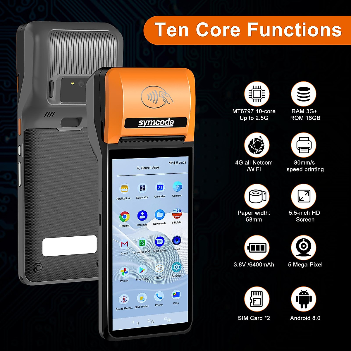 symcode POS PDA Receipt Printer 58mm High Speed Thermal Printer with Android 12 5.5’’ Touch Screen.with Lanyard, Removable Battery Logistics Mangement NFC.2G.3G.4G WiFi 3GB Ram+16GB ROM
