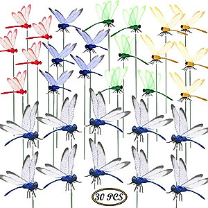 Seasonsky 30 PCS Dragonfly Garden Stakes, 2 Size Artificial Dragonfly Stakes Indoor Outdoor Yard Garden Flower Pot Decoration, Miniature Fairy Garden Decoration
