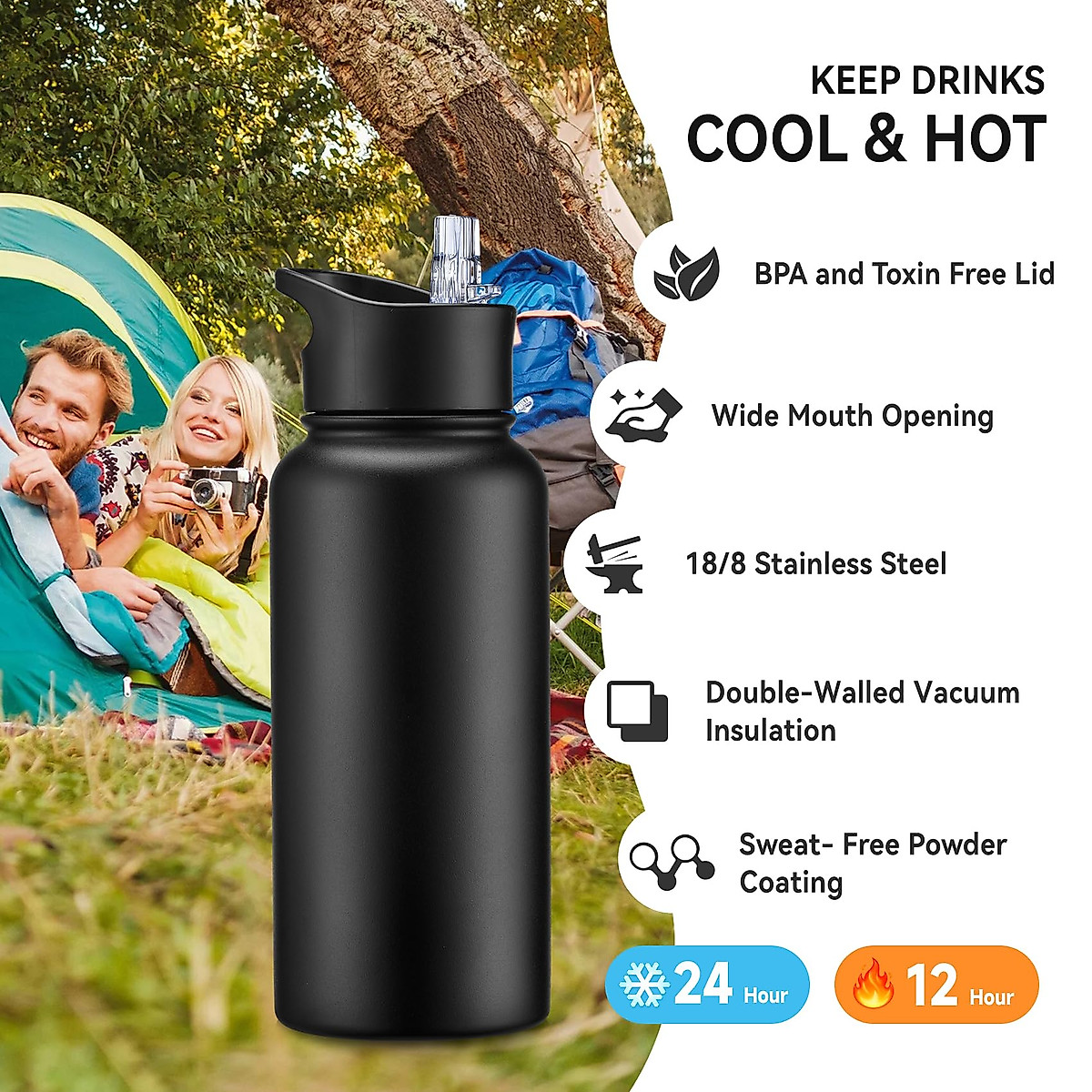 Cool Yoleb 32 oz Insulated Water Bottle with Straw & Spout Lid, Leak Proof Metal Water Bottles, Stainless Steel Double Wall Vacuum, Wide Mouth Thermal Water Bottle for Travel Sports (Black, 1)