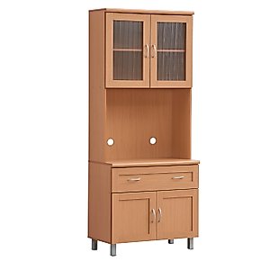 HODEDAH IMPORT Tall Standing Kitchen Cabinet with Top and Bottom Enclosed Cabinet Space, 1-Drawer, Large Open Space for Microwave in Beech