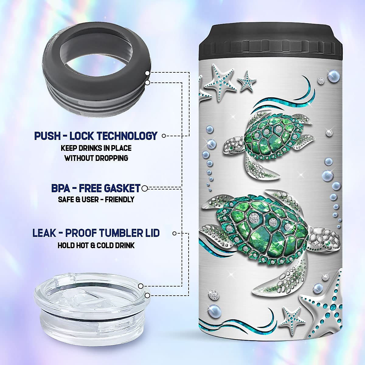 ZOXIX Sea Turtle Can Cooler Tumbler 16oz 4-in-1 Can Holder Travel Mug Jewelry Style Stainless Steel Insulated Cup Ocean Animal Turtles Mothers Day Personalized Name Gifts For Mom