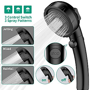 HEROBAI High Pressure Shower Head with Handheld, On Off Shower for RV, Water Saving Shower Head with Stop Button and 3 Modes, Detachable RV Shower Head with Hose and Self-Adhesive Bracket (Black)