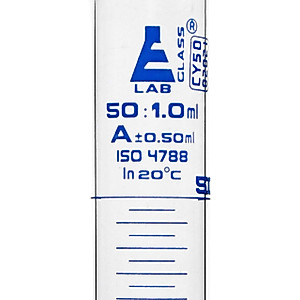 EISCO Graduated Cylinder, 50ml - Class A Tolerance ±0.50ml - Round Base - Blue Graduations - Borosilicate 3.3 Glass