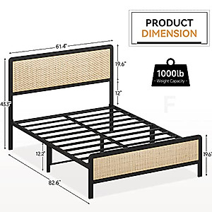 Alkmaar Queen Size Metal Bed Frame with Rattan Headboard and Footboard, Platform Bed Frame with Safe Rounded Corners, Under Bed Storage, Strong Metal Slat Support, No Box Spring Needed