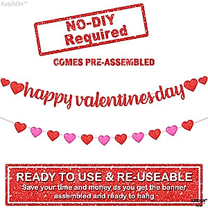 Glitter, Happy Valentines Day Banner - 10 Feet, No DIY | Red and Pink Glitter Heart Garland for Valentines Day Decorations | Valentines Banner | Valentines Day Garland for Valentines Decorations