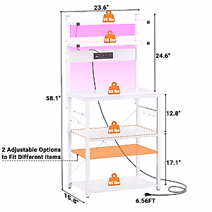Aheaplus Bakers Rack with Power Outlet, Microwave Stand, 5 Tiers Coffee Bar Station with Led Lights, Kitchen Storage Shelf with 6 S-Shaped Hooks, Kitchen Rack for Spices, Pots and Pans, White