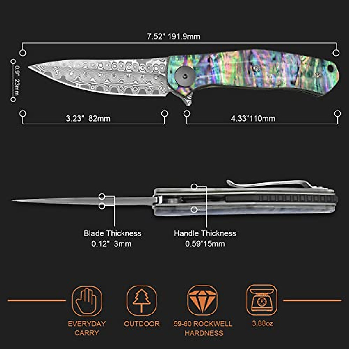 AUBEY Damascus Pocket Knife for Men Women, 3.23 inch Blade of EDC Hunting Knives with Abalone Shell Handle, Ball Bearing, Liner Lock - Sharp Damascus Steel Knife with Clip, Gift for Camping
