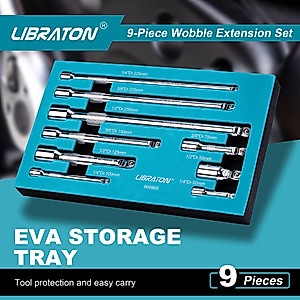 Libraton Wobble Extension Set 1/4'' 3/8'' 1/2'', Wobble Socket Extension, Extension Set, Wobble Socket Extension Set, Drive Socket Extension Bars 9PCs (Cr-V) with Chrome Plated in EVA Storage Tray