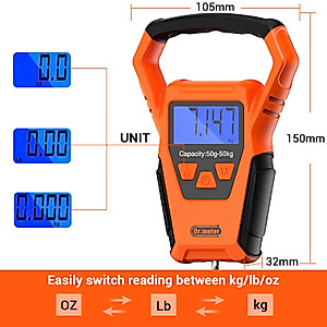 Dr.meter Waterproof Fishing Scale: Upgraded IPX7 110lb/50kg Backlit LCD Display Digital Hanging Scale with Bigger Handle and Hook, Built-in Tape, Battery Included, Fishing Gifts for Men
