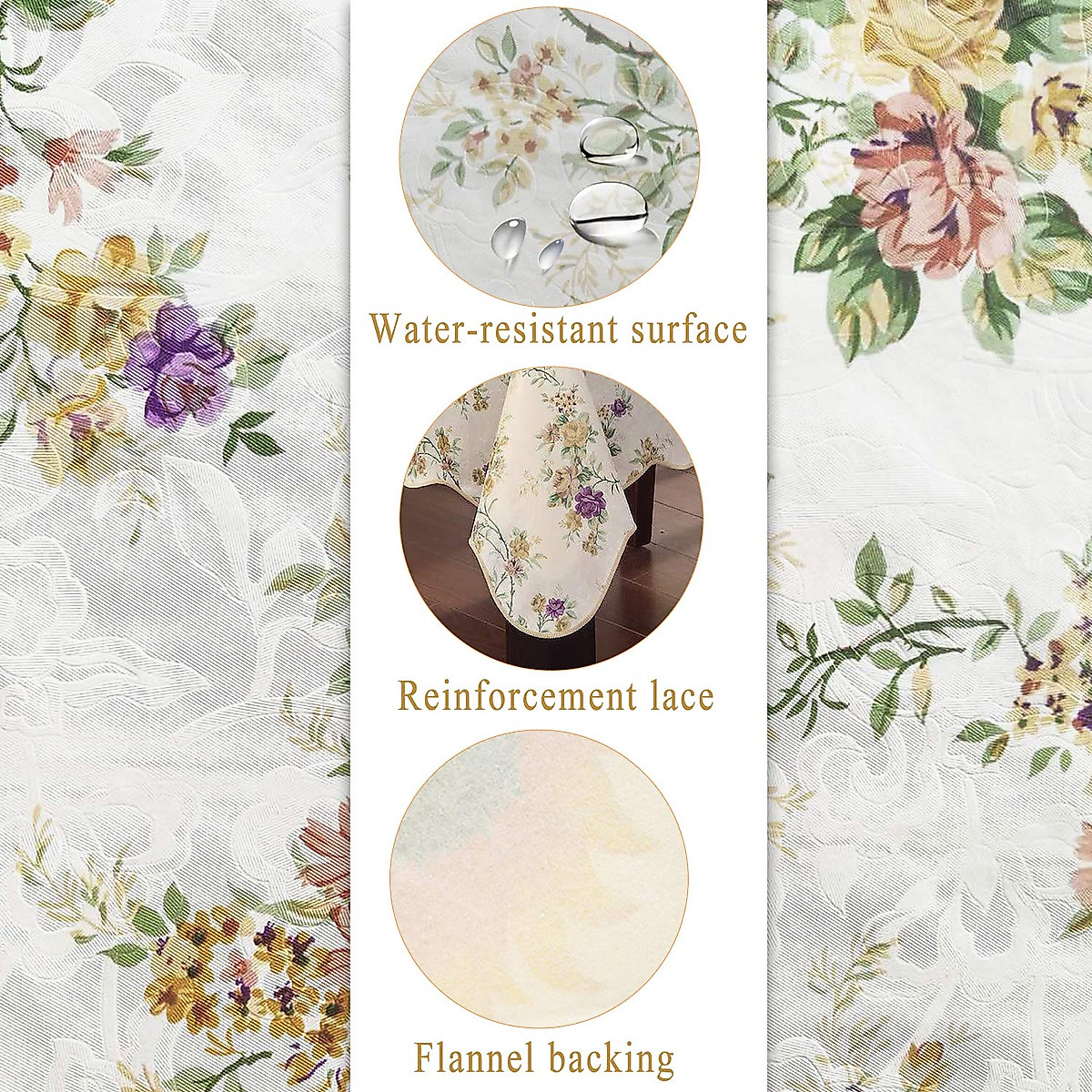 Water Resistant Vintage Floral Tablecloth Square Calico Vinyl with Flannel Backing Reusable Plastic Table Cover for Home Kitchen Fiesta 60x60 Inch