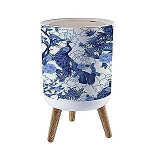 IBPNKFAZ89 Bathroom Small Trash Can with Lid Waste Basket Wooden Seamless Chinoiserie Style Birds Peonies Blue Color Cute Garbage Bin for Diaper Kids Bedroom Kitchen Office Dog Proof, 8.66x14.3inch