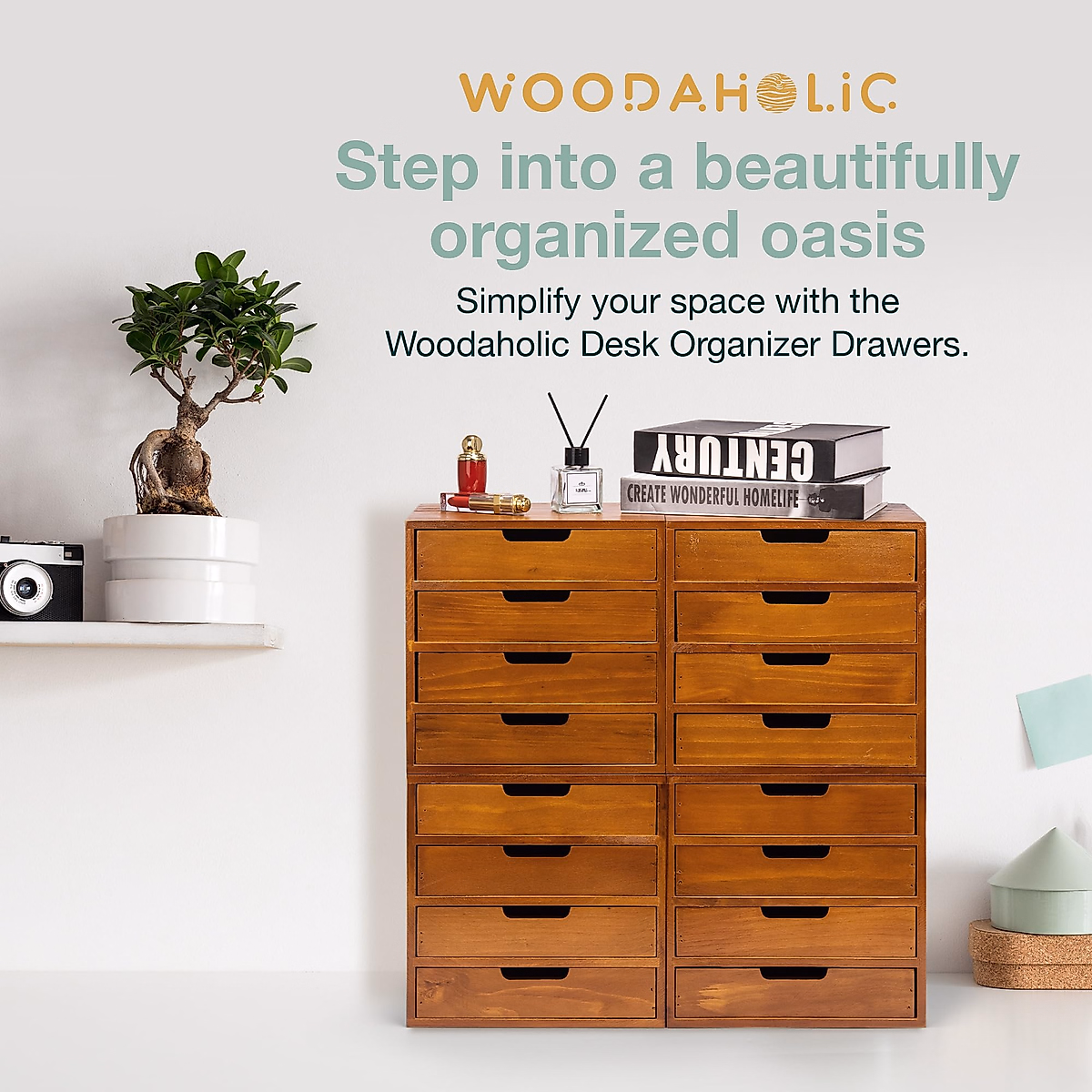 4-Pack 4 Drawer Desktop Storage Organizer in Modern Wood Design (20”x7”x 20”) Stackable Drawers For School Office - Vanity Accessories Organizer - Countertop Organizer Drawer in Modern Mahogany Wood