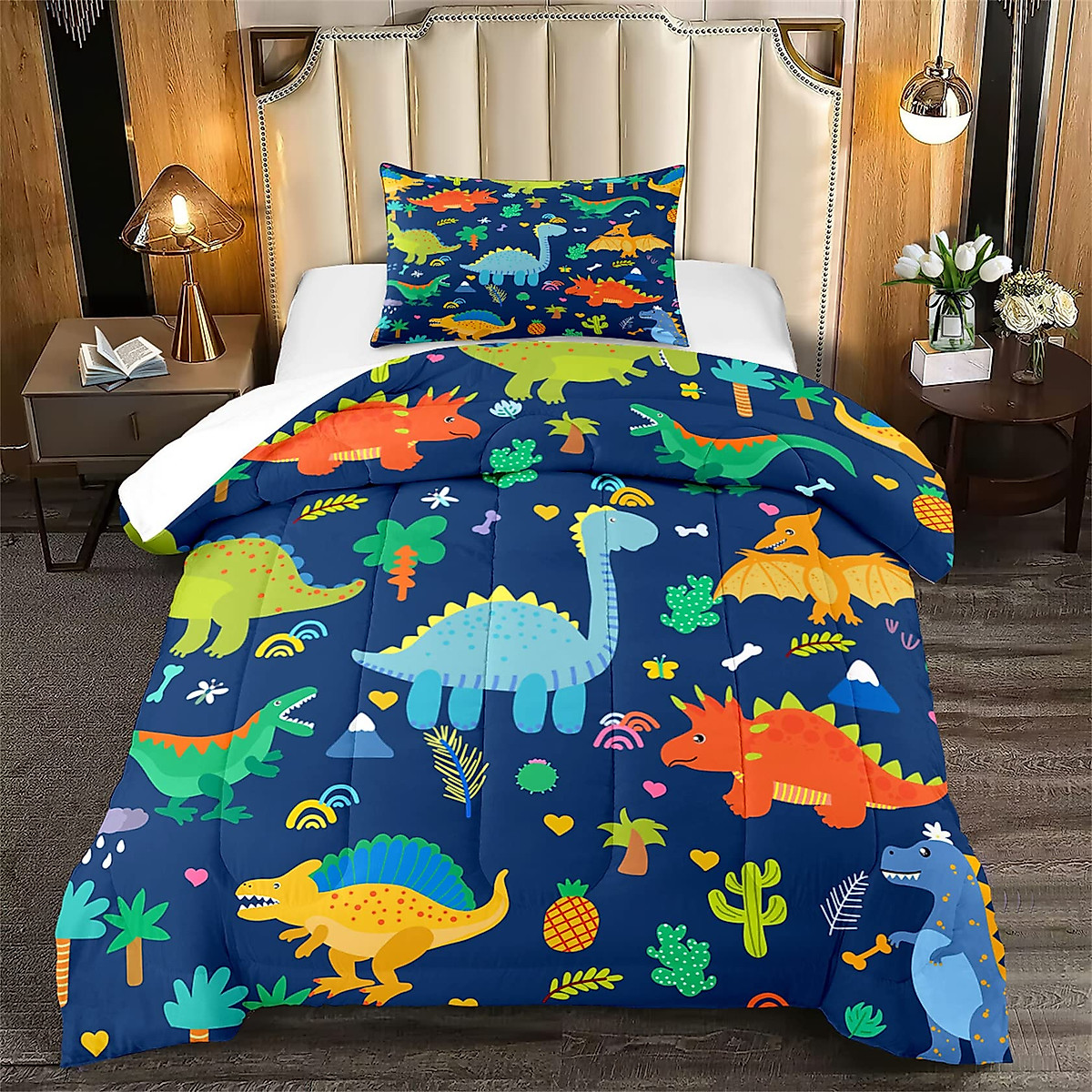 Cartoon Dinosaur Comforter Set for Kids Dark Blue Dinosaur Twin Comforter Set for Boys Dinosaur Kids Bedding Set Soft Breathable Twin Dinosaur Quilt with 1 Pillowcase for All-Season, Twin Size