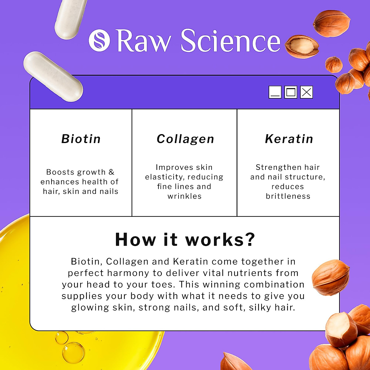 Biotin and Collagen Supplements with Keratin – Hair Skin and Nails Vitamins: Biotin 5000mcg, Keratin, Collagen for Women & Men – Skin & Hair Vitamins, Nail and Hair Growth Supplement – 60 Capsules