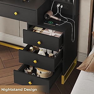 BTHFST Large Vanity Desk with Mirror and Lights, Makeup Vanity with Lights and Charging Station, Vanity Table with 5 Drawers and Storage Shelves, Makeup Desk with Nightstand, Black and Gold