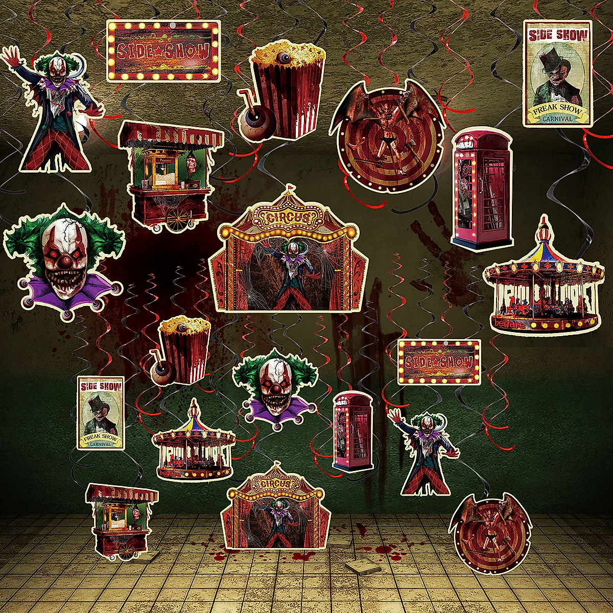 30 Pieces Halloween Clown Hanging Swirl Decorations Horror Joker Cutouts Circus Foil Ceiling Decor Halloween Creepy Carnival Decor, 7.09 x 7.09 Inch