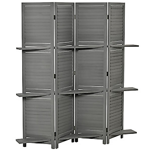 HOMCOM 4 Panel 67" Tall Wood Privacy Screen Room Divider with 3 Display Shelves, and Folding Storage for Bedroom or Home Office, Grey