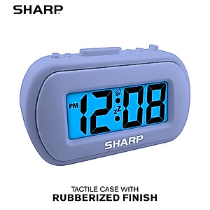 SHARP Digital Alarm Clock – Tactile Plastic Case with Soft Rubberized Finish - Battery Operated – Blue Backlight on Demand – Ascending Alarm – Easy to Use – Charcoal Black