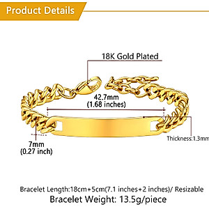 U7 Engraved ID Bracelet Adjustable 7" to 9" Gold Plated Cuban Chain Custom Coordination Quote Message Bar Bracelets for Men Women