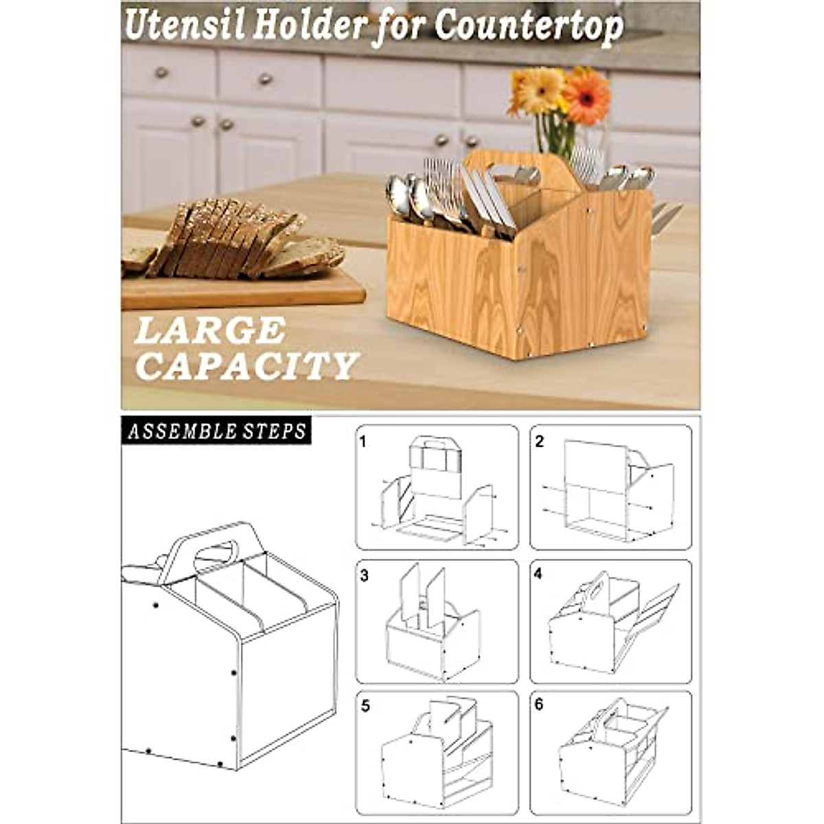 YICOCHI Utensil Holder for Countertop 10 Compartments Wooden