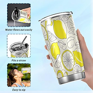 HXshaoye Sketch lemon yellow summer Stainless Steel reusable coffee cups with lids with Straw Leak Resistant Flip leak proof coffee travel mug for café cute cup 20 oz vaso para cafe 20oz