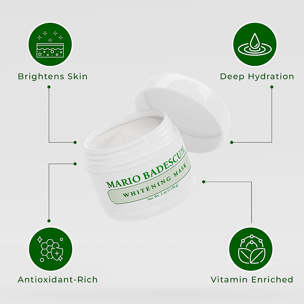 Mario Badescu Kojic Acid Whitening Mask - Illuminating Face Mask for Brightening, Hydration & Discoloration - With Grapeseed Oil, Beeswax & Vitamin E for Smoother, Radiant Skin, 2 Oz