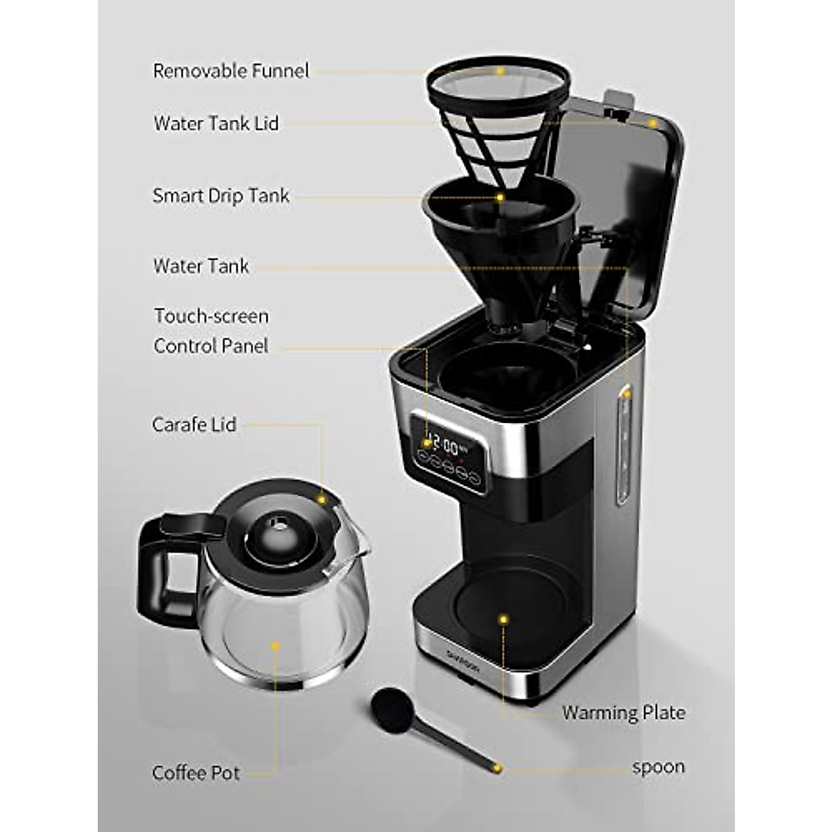 SHARDOR Coffee Maker, 10-Cup Programmable Drip Coffee Machine with Touch-Screen, Pause & Serve, Black & Stainless Steel