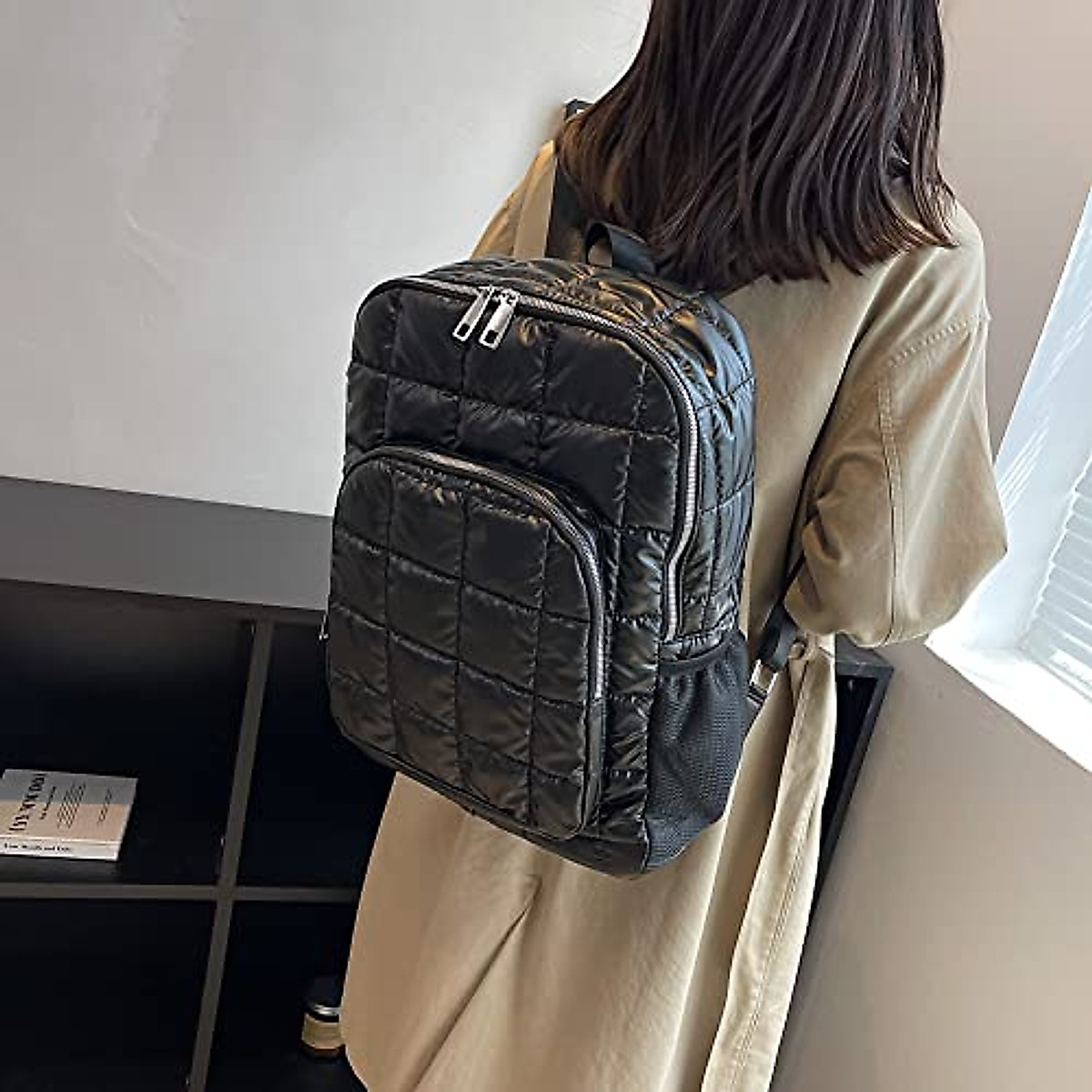 JQWYGB Puffer Backpack - Puffy Backpack Soft Nylon Casual Daypack Lightweight Quilted Padded Quilted Backpack for Women Girls (Black)