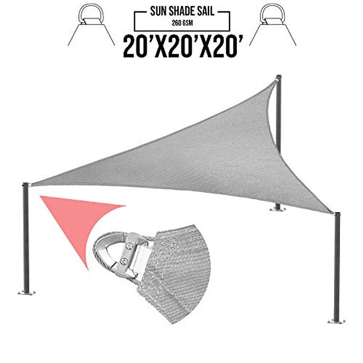 E&K Sunrise Reinforcement Large Sun Shade Sail Light Gray 20' x 20' x 20' Equilateral Lriangle Heavy Duty Strengthen Durable Canopy UV Llock Fabric (260GSM)- Perfect Patio Outdoor Garden Backyard