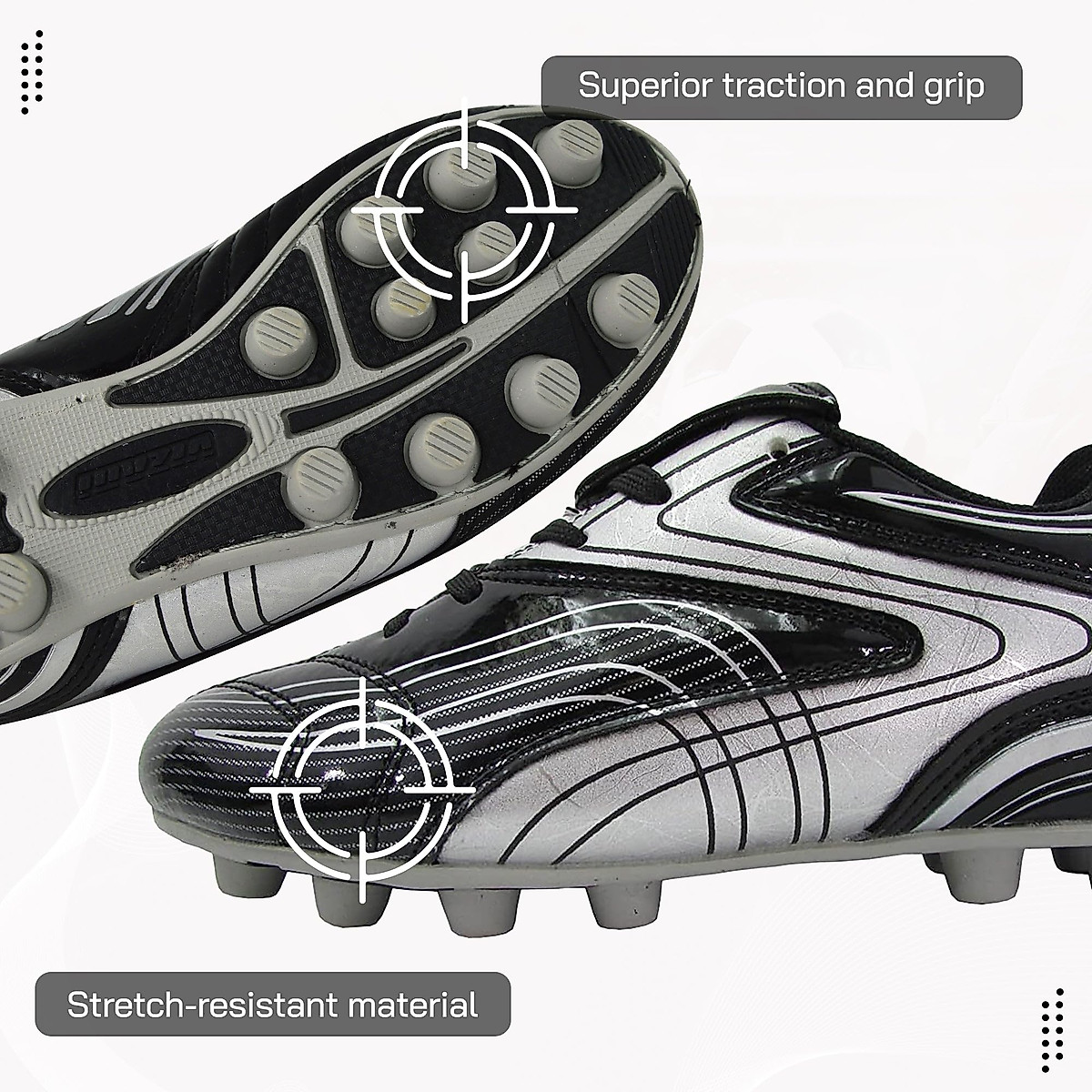 Vizari Striker FG Soccer Shoes | Firm Ground Cleats for Outdoor Surfaces and Fields | Lightweight and Easy to wear Youth Outdoor Soccer Cleats | Black/Silver | 10 Toddler