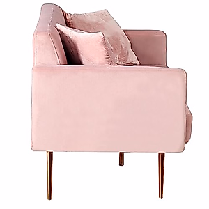 Velvet Futon Sofas Bed and Couch,70 Inches Long, Mid Century Modern Couch Tufted Back Sofa , 2 Throw Pillows, Armrest, 5 Metal Tapered and Wooden Legs for Living Room, Apartment, Bedroom (Pink)