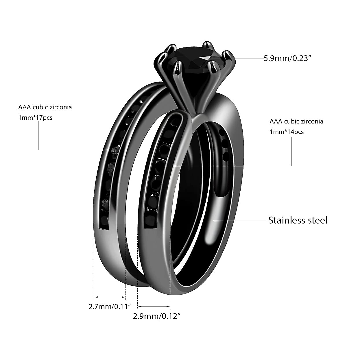 Womens Black Wedding Rings Set Round CZ Stone Vintage 2pcs Engagement Ring Bridal Set Channel-Setting (size 7)