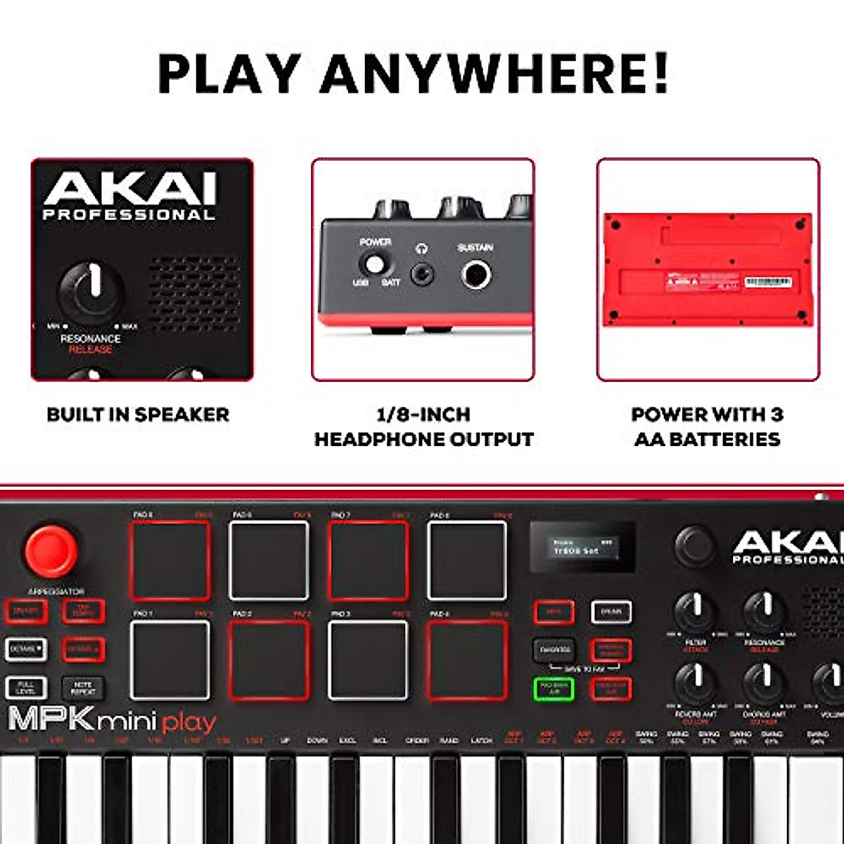 AKAI Professional MPK Mini Play – USB MIDI Keyboard Controller With a Built in Speaker, 25 mini Keys, Drum Pads and 128 Instrument Sounds