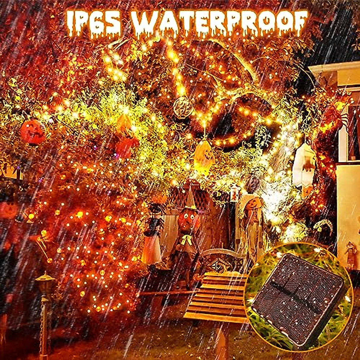 BOLWEO Halloween Solar Fairy Lights Outdoor, Orange String Lights 39.4Ft 120 LED, IP65 Waterproof Solar Outdoor Lights Backyard Deck Fence Patio Decor Diwali Halloween Decorations
