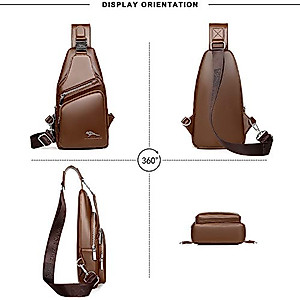 LuckY.Ss Men's Sling Bag PU Leather Waterproof Chest Shoulder Bags Anti-theft Crossbody Backpack Purse with USB Charging Port and Headphone Hole,Small Daypack for Casual Sport Outdoor Travel (Navy 2)