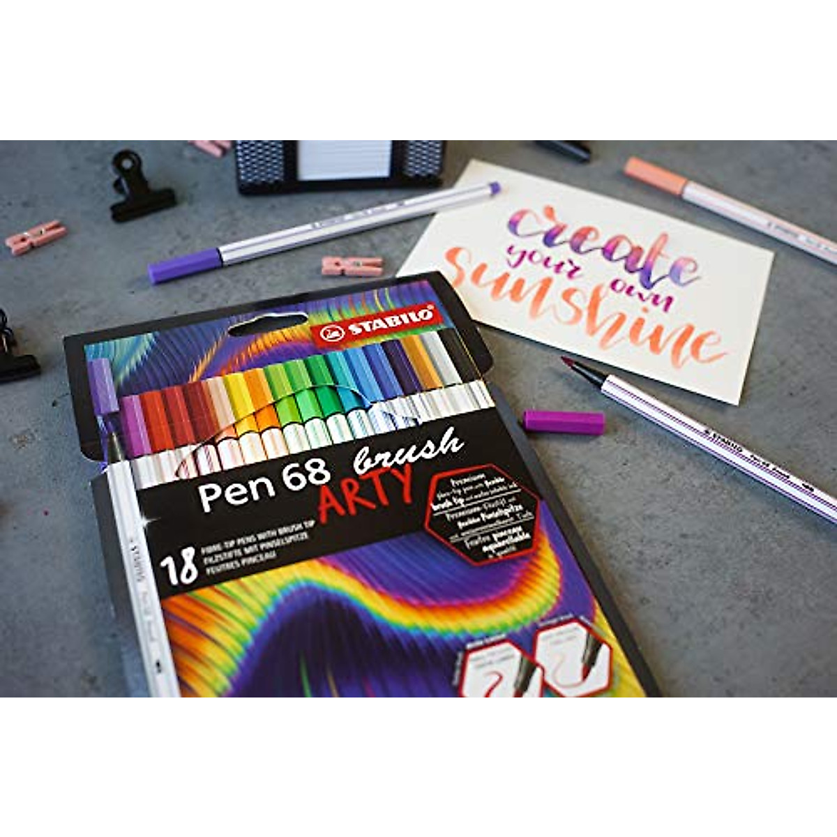 STABILO Premium Fibre-Tip Pen - Pen 68 brush ARTY - Wallet of 18 - Assorted Colours