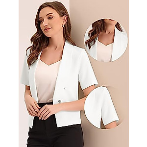 Allegra K Casual Shawl Collar Open Front Cardigan for Women's Short Sleeve Work Office Suit Blazer Beige M