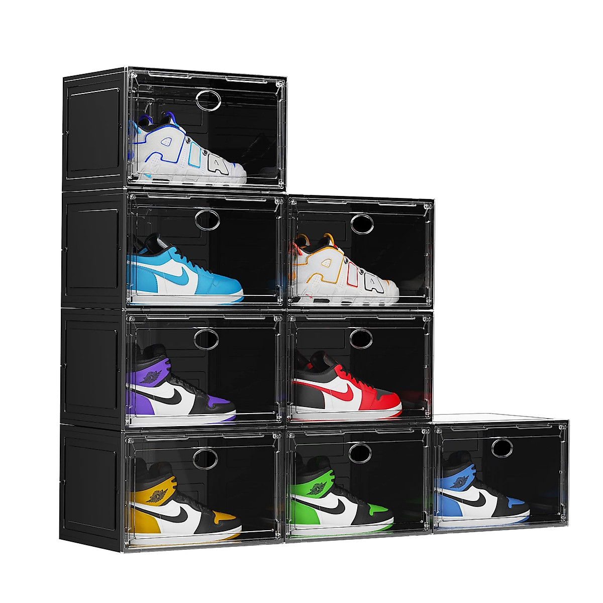 KEFA XL Shoe Storage Box Organizer, 8 Pack Shoe Boxes Clear Plastic Stackable, Sneaker Display Case Container Fit for US 13 (Side 8 PACK BLACK)