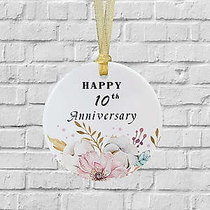 SIABERTERL Happy 10th Anniversary Ornament 2024 Hanging,10th for Couple,Anniversary Ceramic Ornament for Decorating Home Wedding Parents Gift, Anniversary Collectible Holiday Keepsake(2.9'')