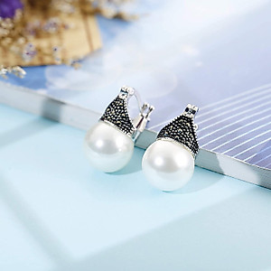 Milacolato Pearl Earrings 18K White Gold Plated 925 Sterling Silver Pearl Earrings Simulated Pearl Drop Earrings Pearl Dangle Stud Earrings Love Jewelry Gifts for Women