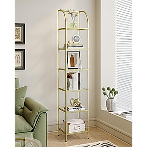 Hzuaneri Bookcase Bookshelf, Tempered Glass Arched Bookshelf for More Storage, Slim Shelving Unit for Bedroom, Bathroom, Home Office, Steel Frame, 6 Tier Gold BC20699G