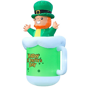 Holidayana 9ft St Patricks Day Inflatable Leprechaun Beer Mug - St Patty’s Leprechaun Coming Out of Beer Blow Up Yard Decoration, Includes Built-in Bulbs, Tie-Down Points, and Powerful Built-in Fan
